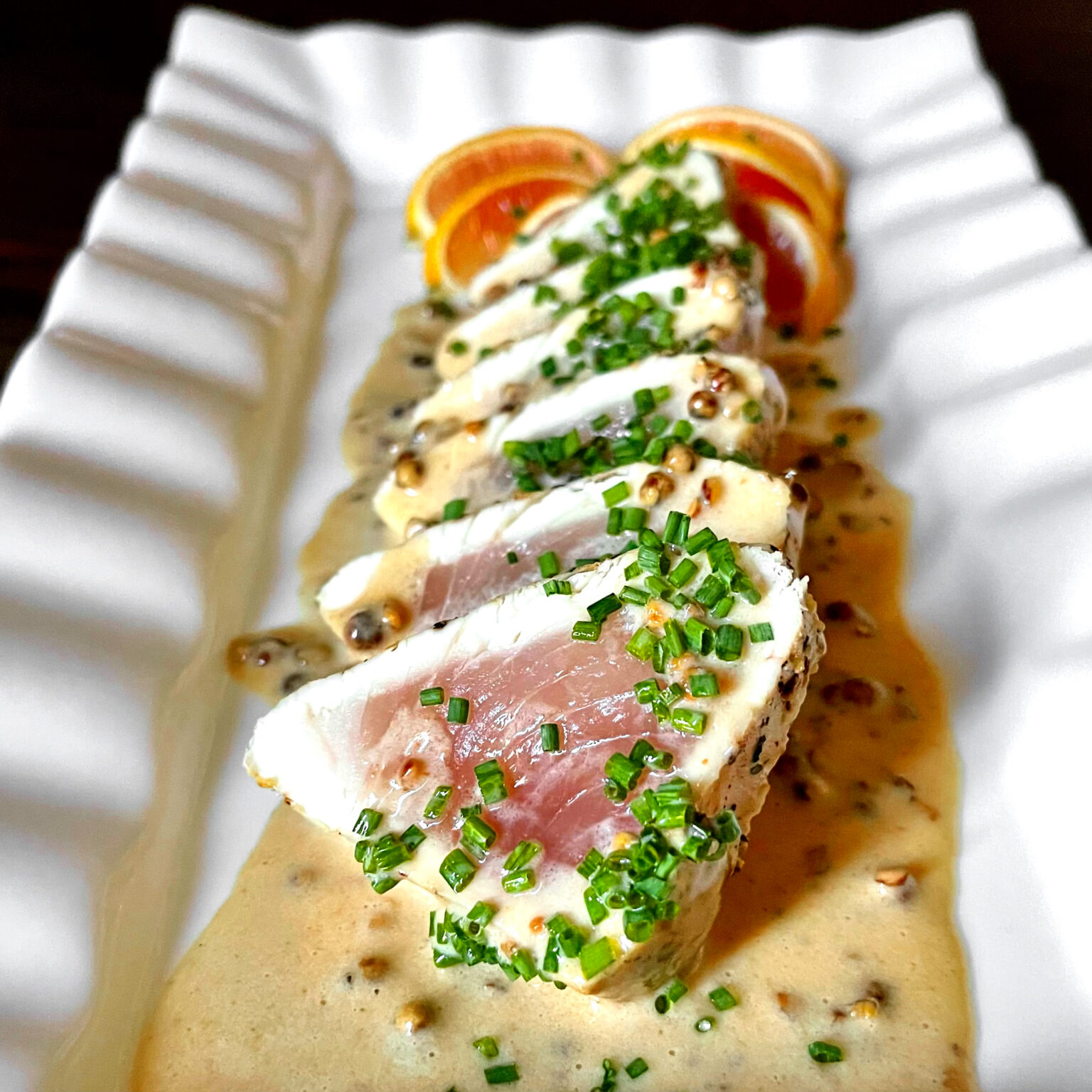 Seared Albacore, Peppercorn Brandy Cream Flambé - Taste With The Eyes