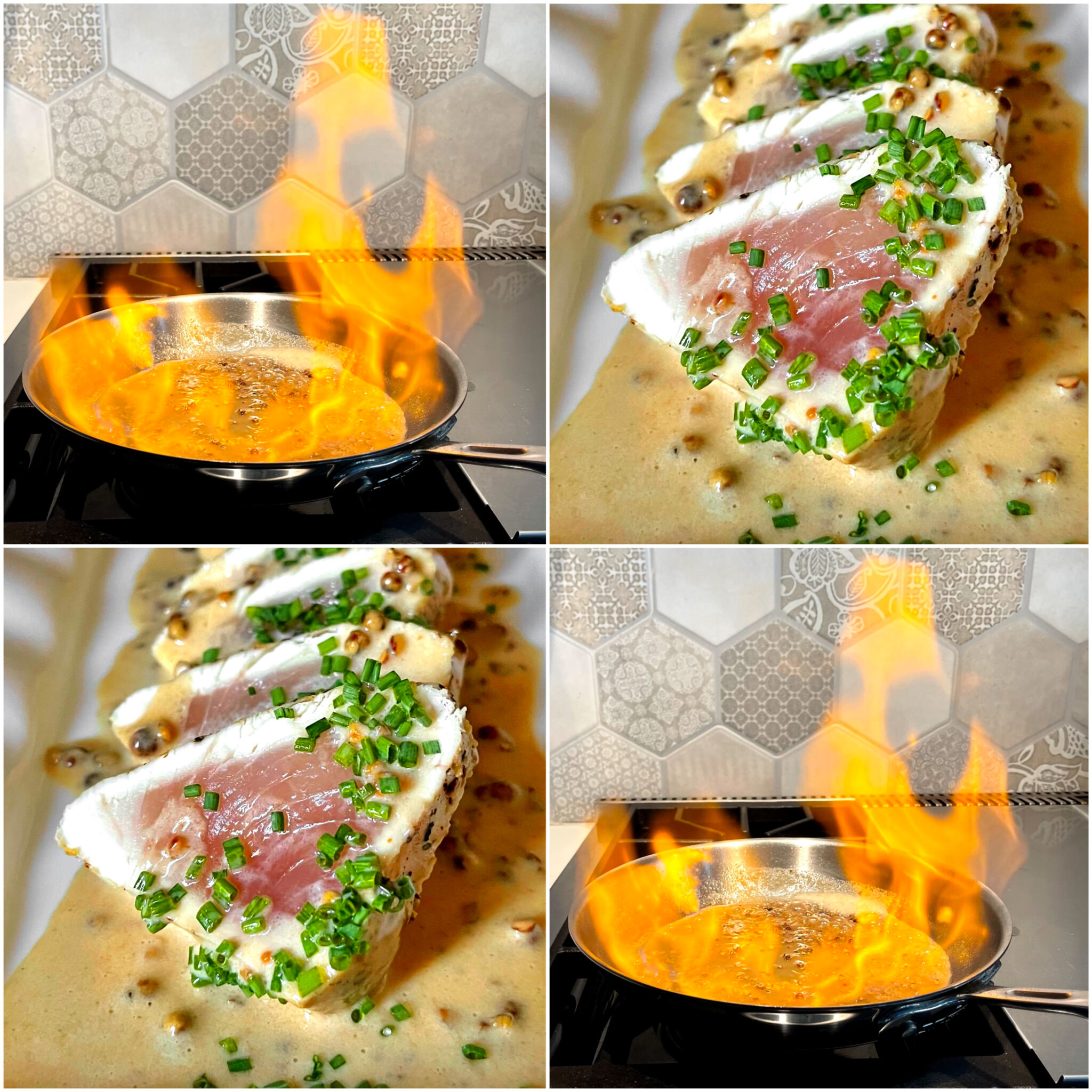 Seared Albacore, Peppercorn Brandy Cream Flambé - Taste With The Eyes
